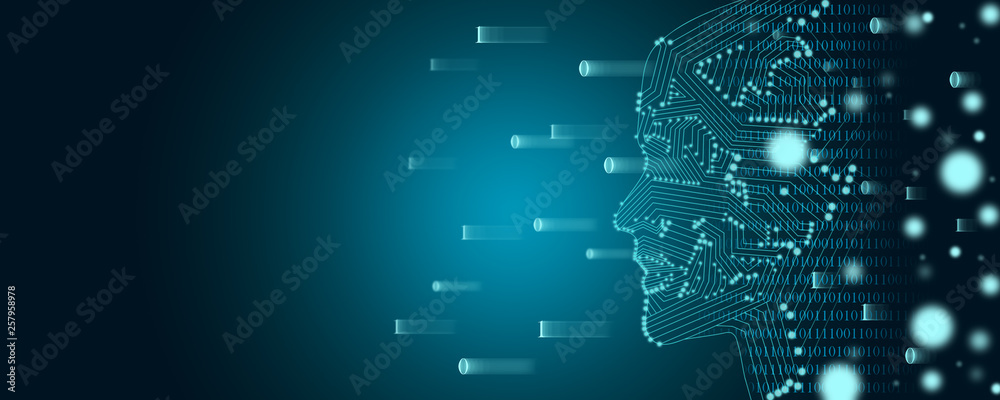Big data and machine learning concept. A face outline with binary data ...