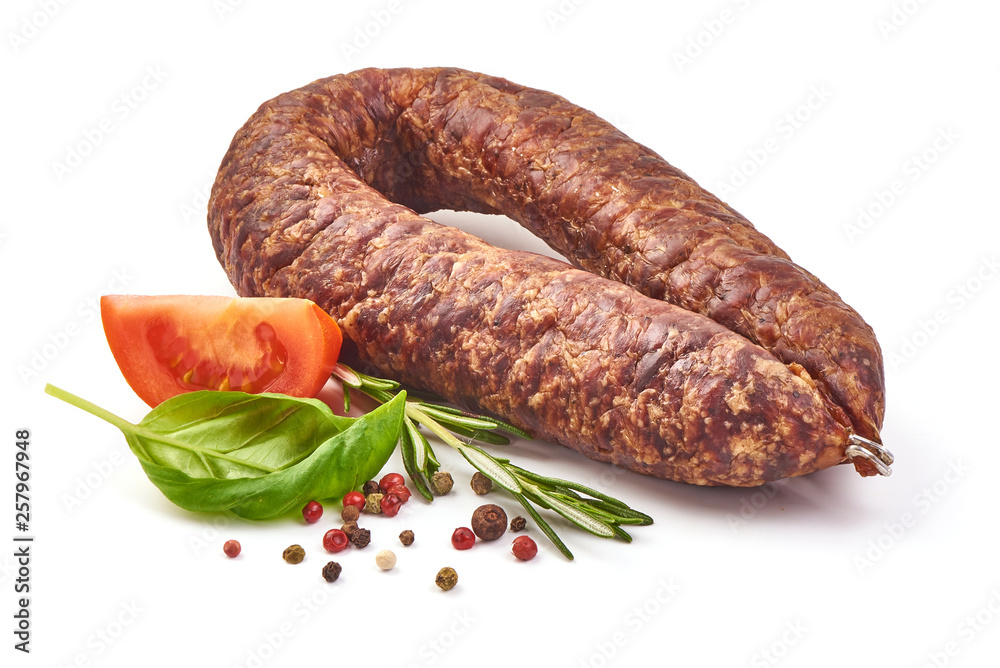 Air dried pork sausage ring and German Bierbeißer, smoked meat, close ...