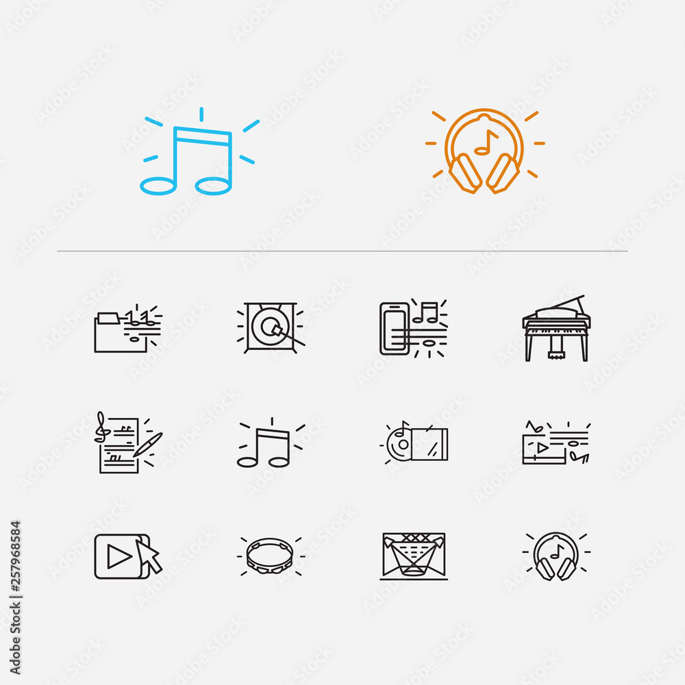 Musical icons set. Music folder and musical icons with headphones, song ...