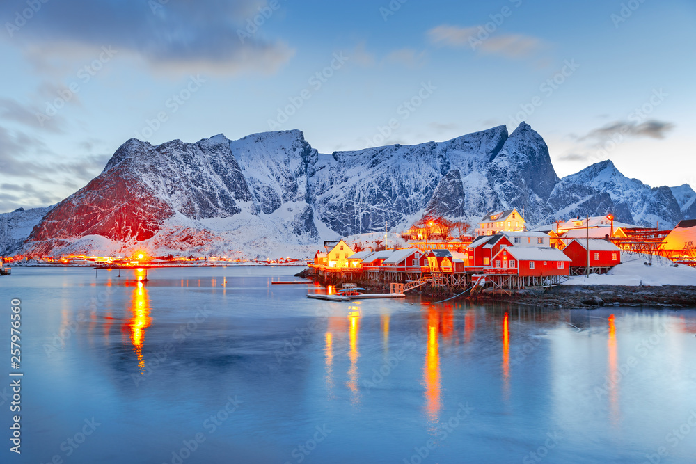 Moskenes island on Lofoten islands archipelago in Norway over polar ...