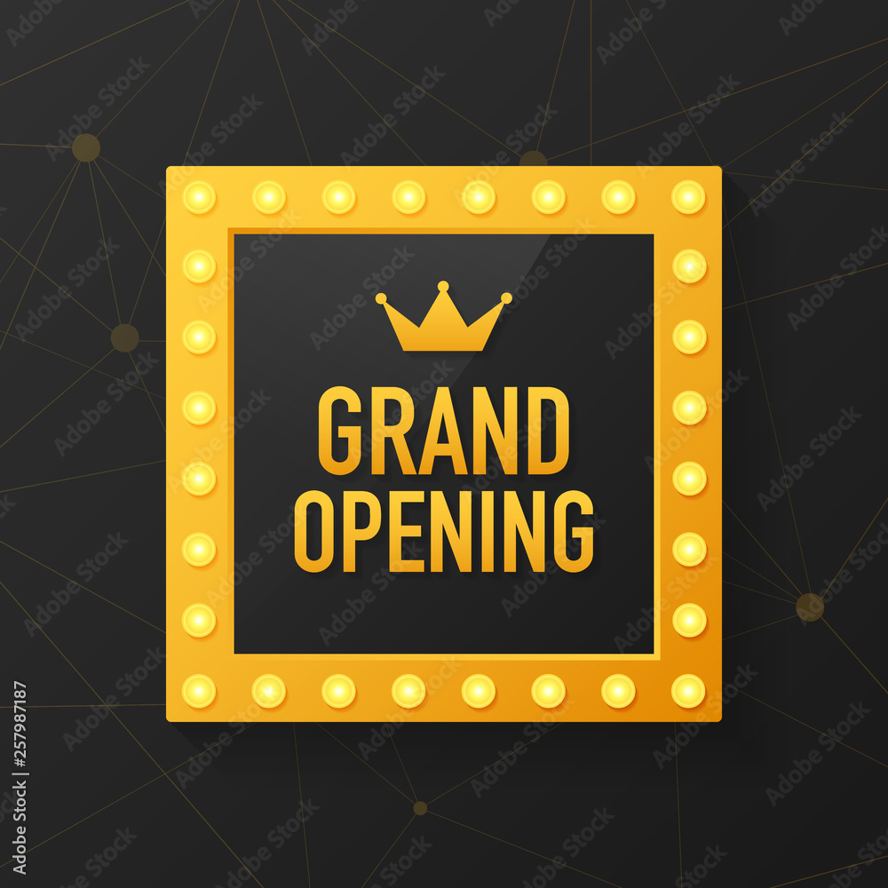 Grand opening sparkling banner. Template design element with golden ...