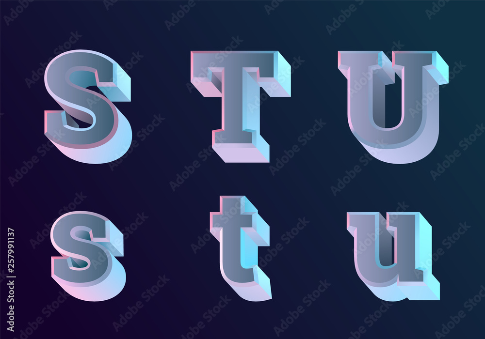 Holographic 3D Western Serif Alphabet Font STU letters Stock Vector ...