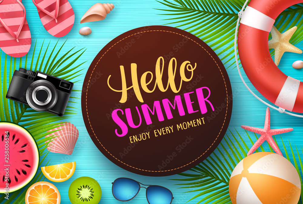 Hello summer vector design. Hello summer text with colorful beach ...