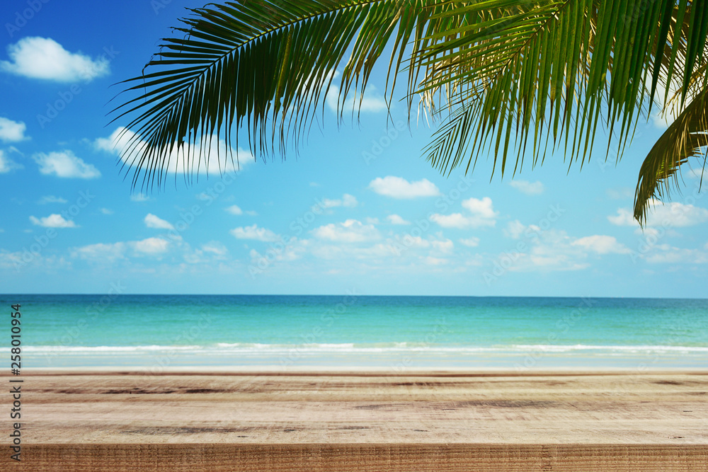 Tropical beach background with palm tree and empty wooden, Summer ...