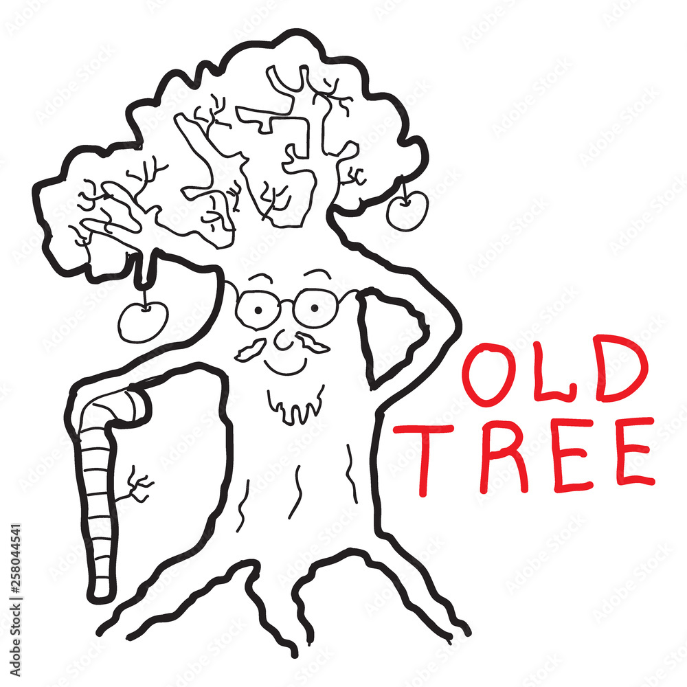 Cartoon doodle illustration of cute old tree for coloring book, t-shirt ...