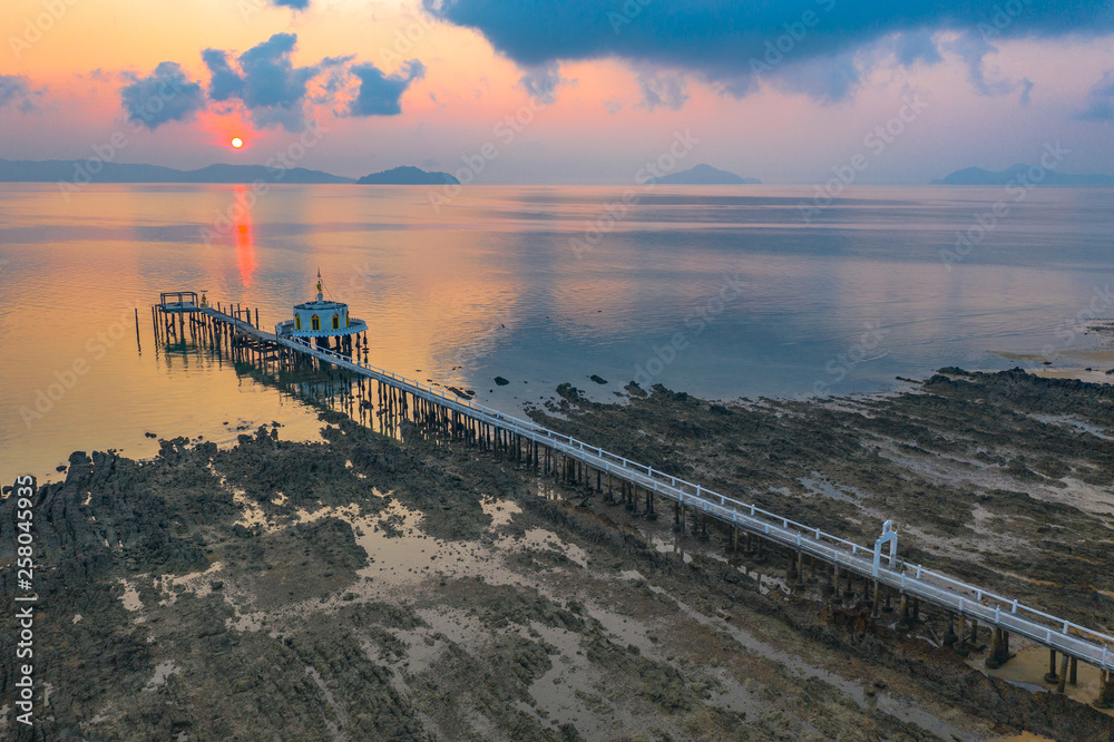 aerial view sunrise at pier of Phayam temple one landmark of Phayam ...