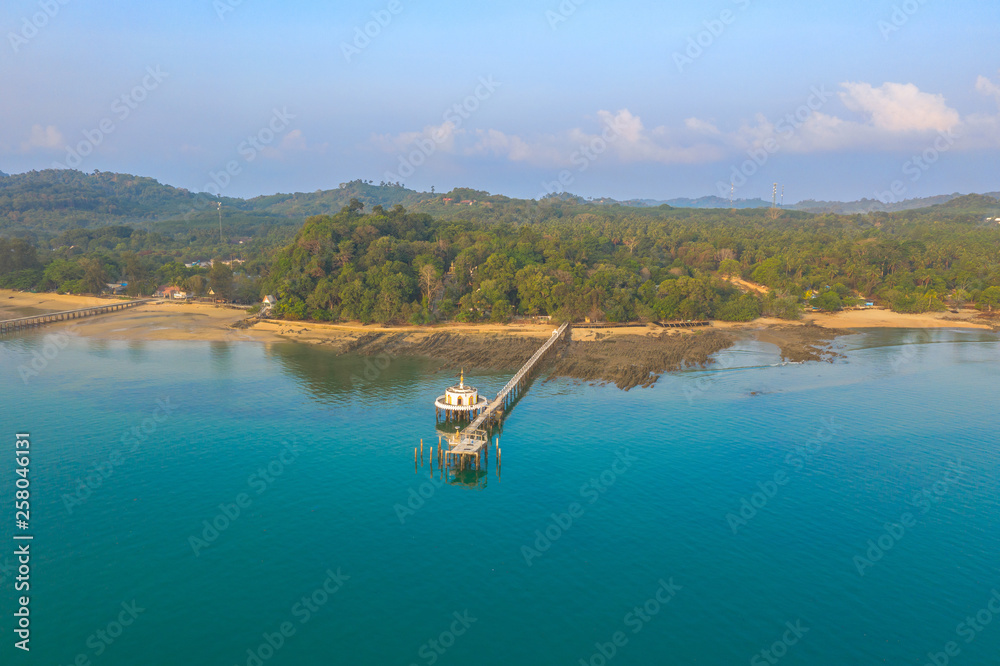 aerial view sunrise at pier of Phayam temple one landmark of Phayam ...