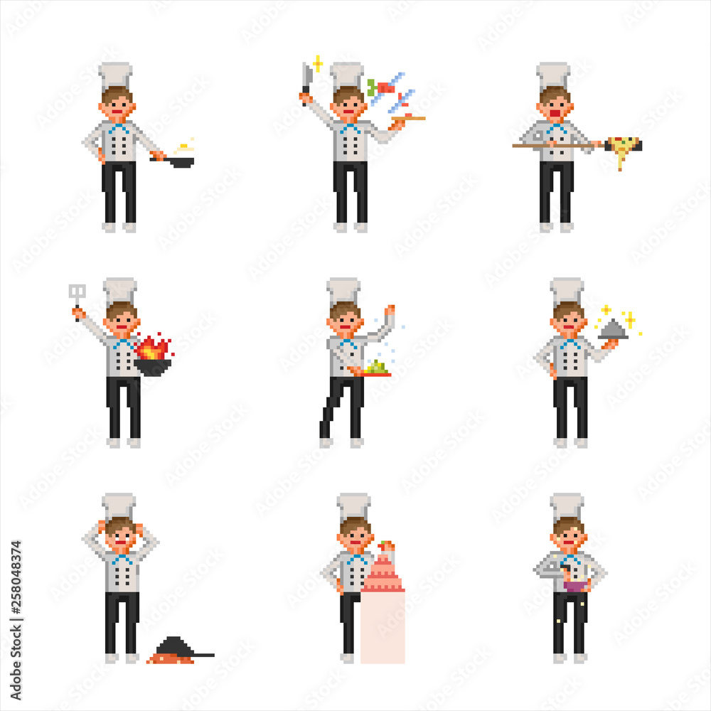 8 bit pixel style chef character. flat design style minimal vector ...