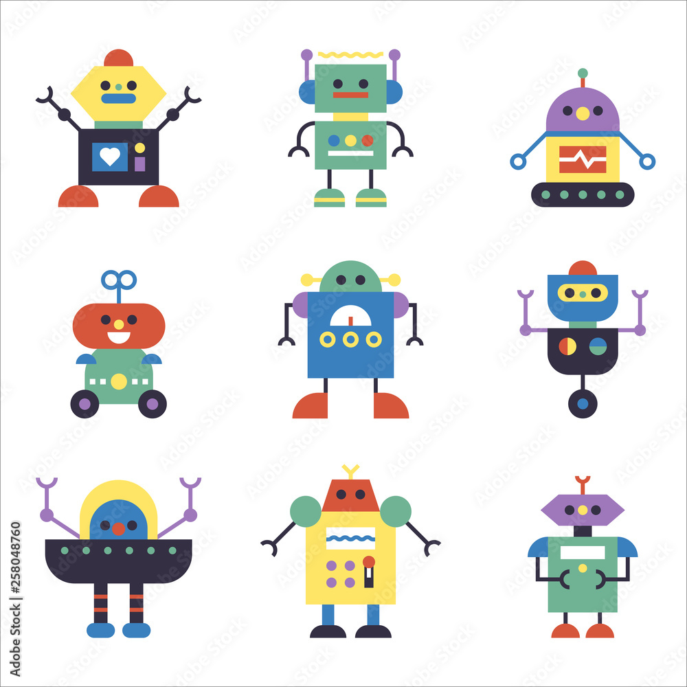 Cute figure style robot character set. flat design style minimal vector ...