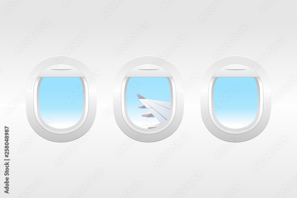 Airplane window inside view. Airplane windows with cloudy blue sky ...