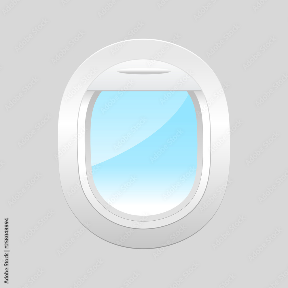 Airplane window inside view. Airplane windows with cloudy blue sky ...