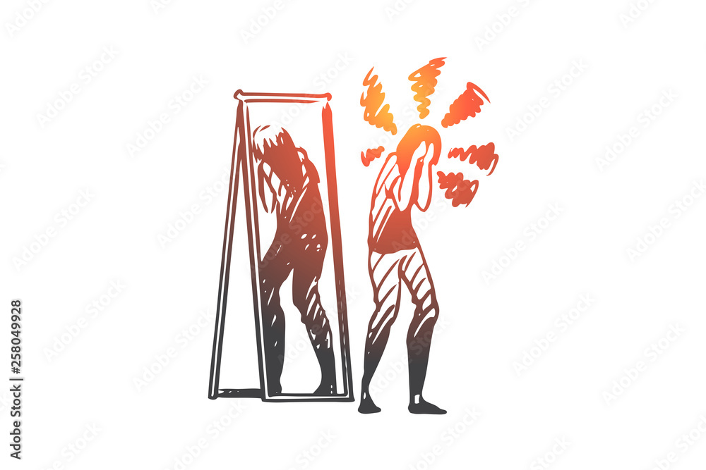 Mirror, woman, reflection, inferiority, complex concept. Hand drawn ...