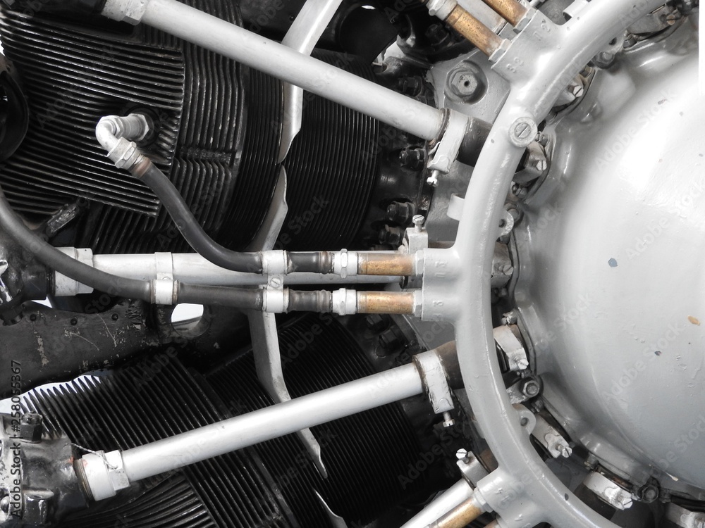 Parts of the old aircraft engine. Nuts connecting tubes, nozzles ...