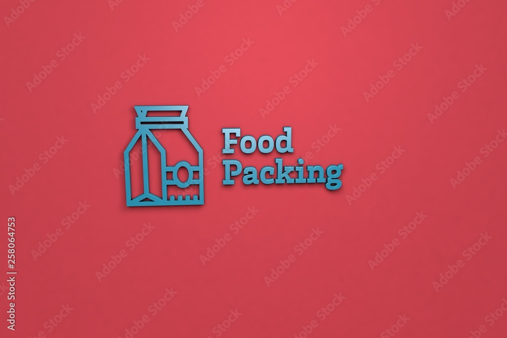 3D illustration of Food Packing, blue color and blue text with red ...