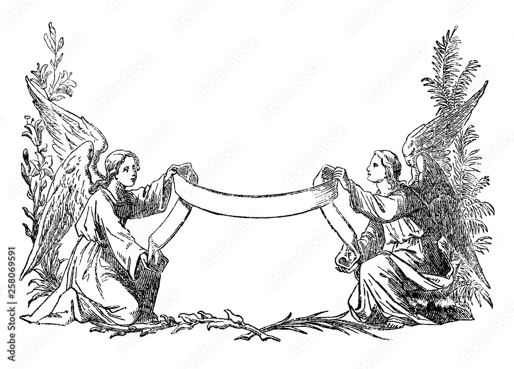Vintage antique illustration and line drawing or engraving of two ...