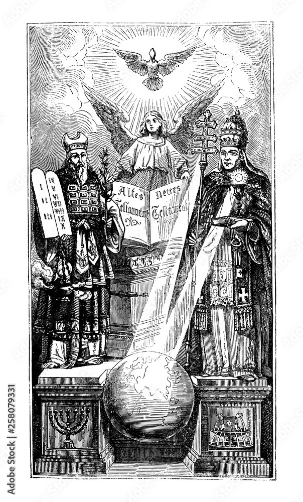 Vintage antique metaphorical illustration and line drawing or engraving ...