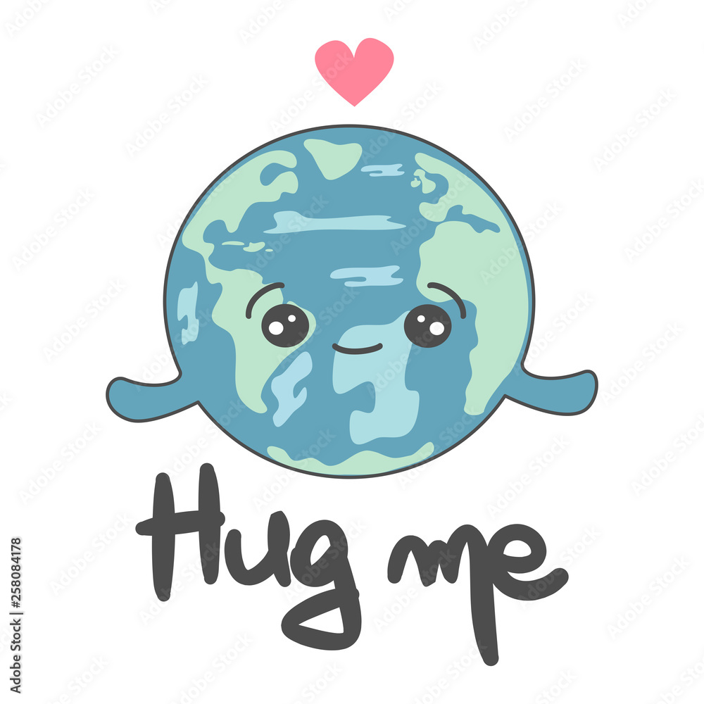 cute vector hand drawn lettering hug me card with cartoon planet earth ...