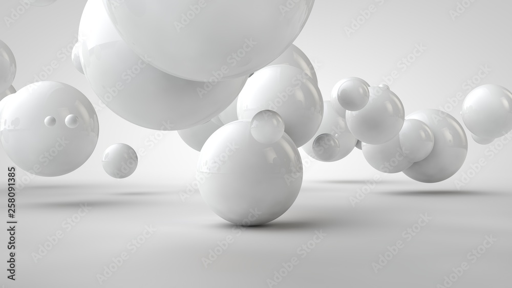 3D illustration of balls of different sizes hanging in space. The idea ...