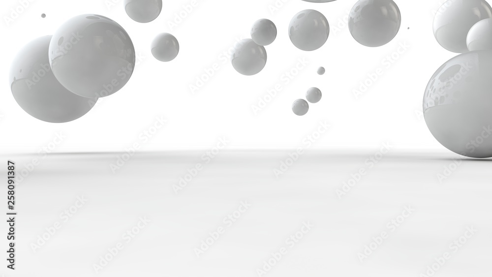 3D illustration of balls of different sizes on a white surface. The ...
