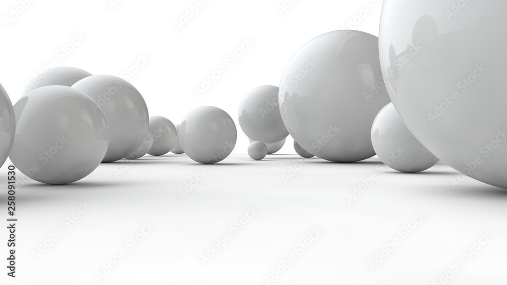 3D illustration of balls of different sizes on a white surface. The ...