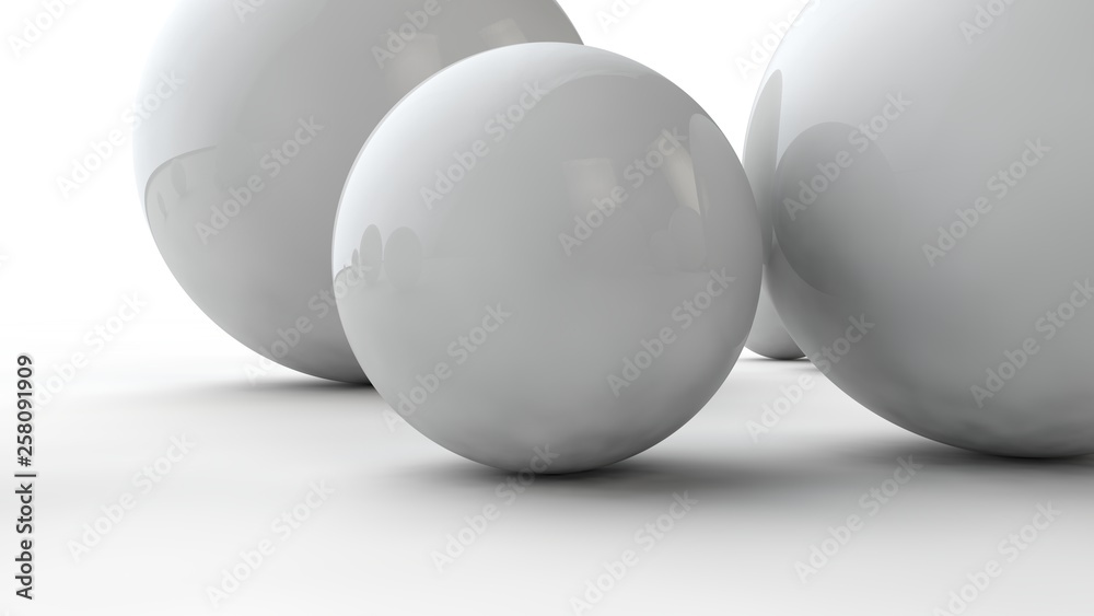 3D illustration of large and small white spheres and many different ...
