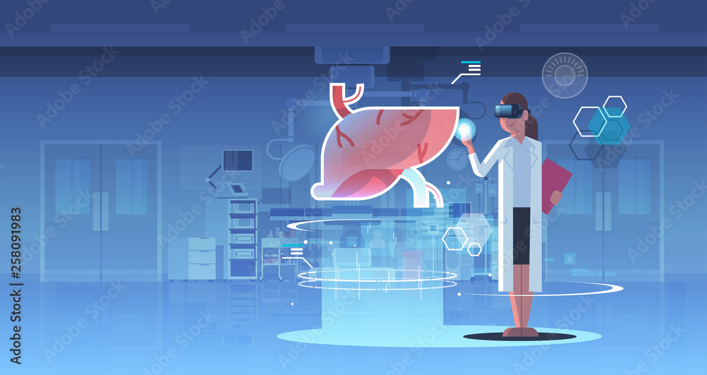 female doctor wearing digital glasses looking virtual reality liver ...