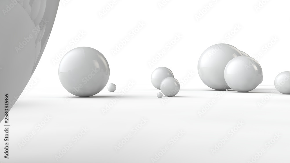 3D illustration of balls of different sizes on a white surface. The ...