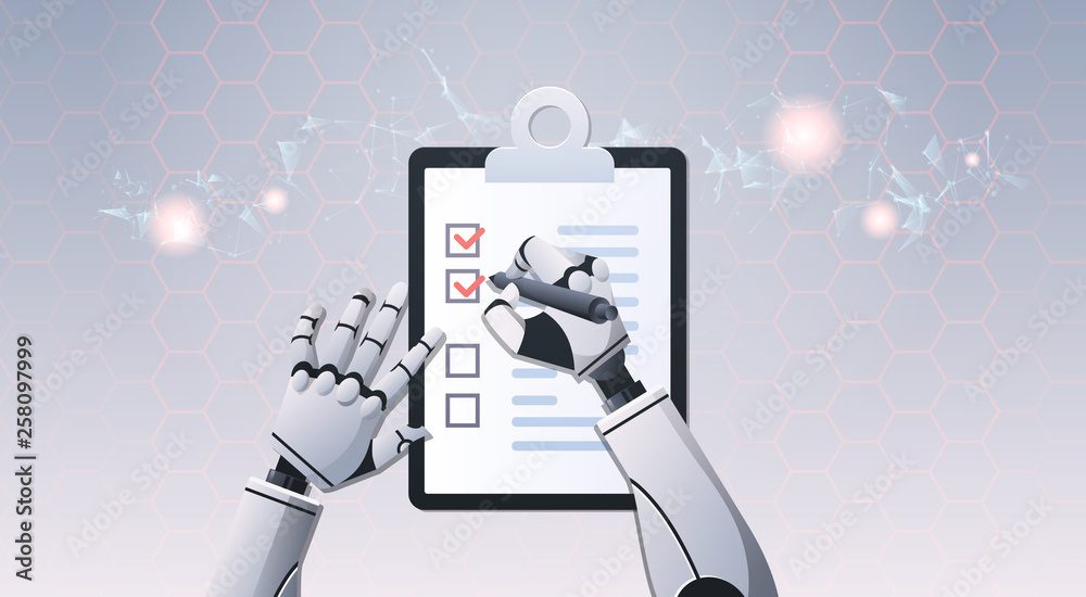 robot hands holding check list paper document ticking off check boxes ...
