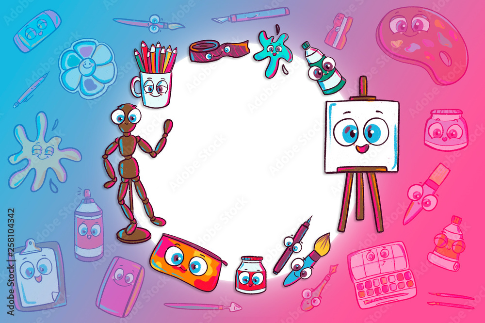 Art Supplies Cartoon Frame Set. Artist Materials. Artsy Kids Comic ...