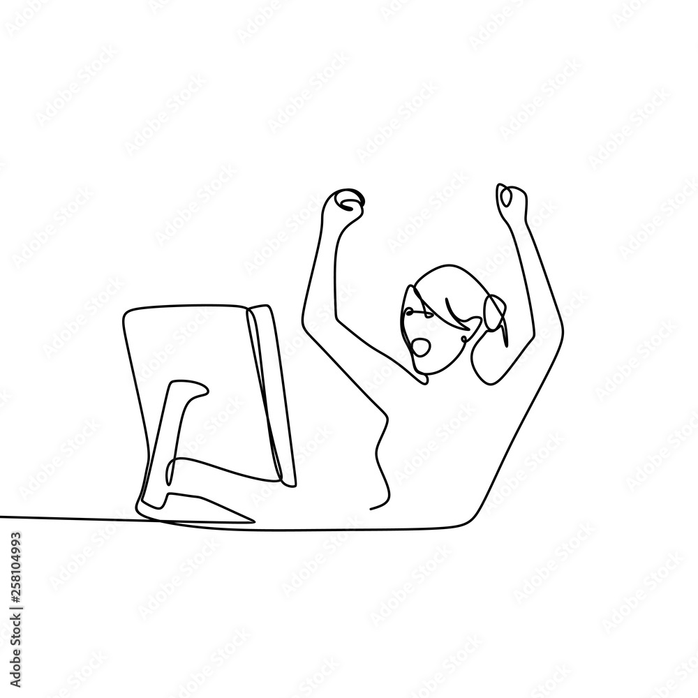 continuous line drawing of female employees successfully completing ...