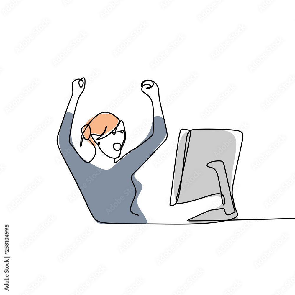 continuous line drawing of female employees successfully completing ...