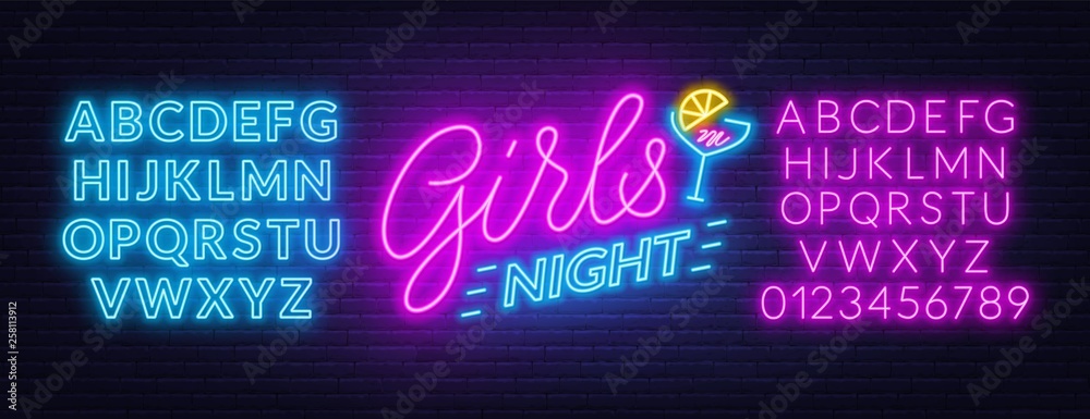 Girls Night neon lettering on brick wall background. Light alphabet ...