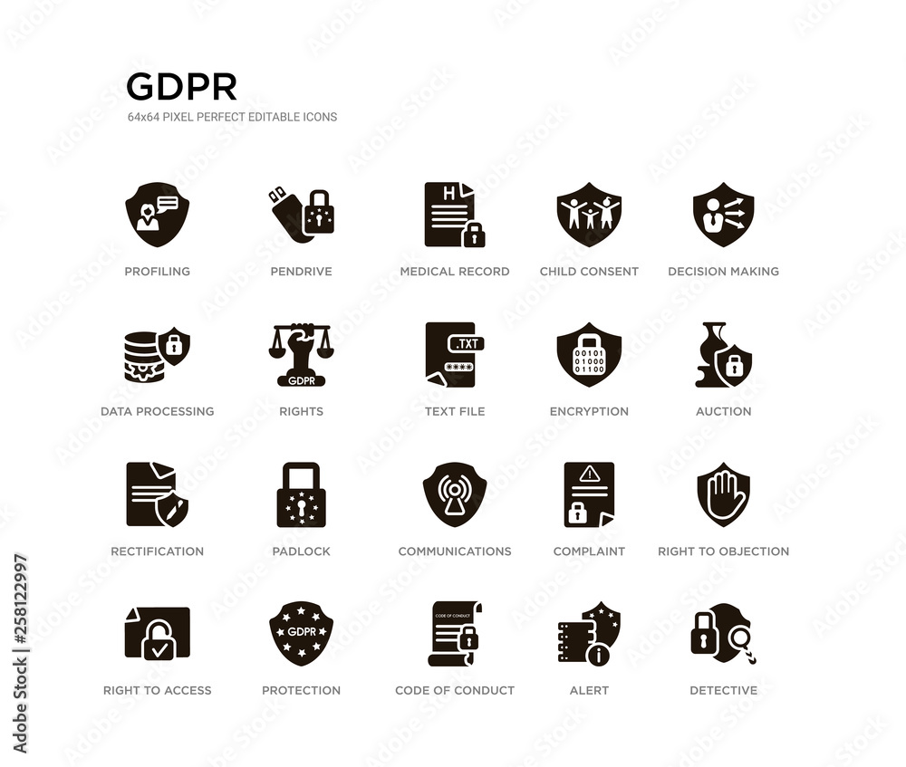 Vettoriale Stock set of 20 black filled vector icons such as detective ...