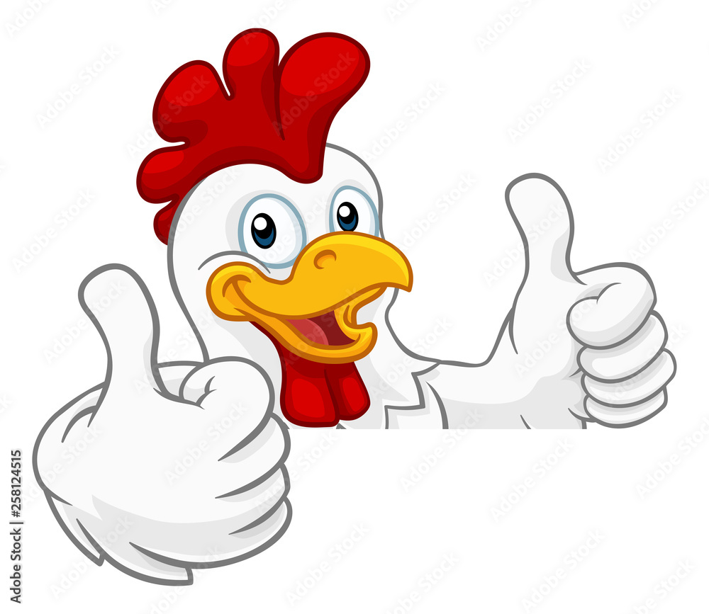 A chicken rooster cockerel bird cartoon character peeking over a sign ...
