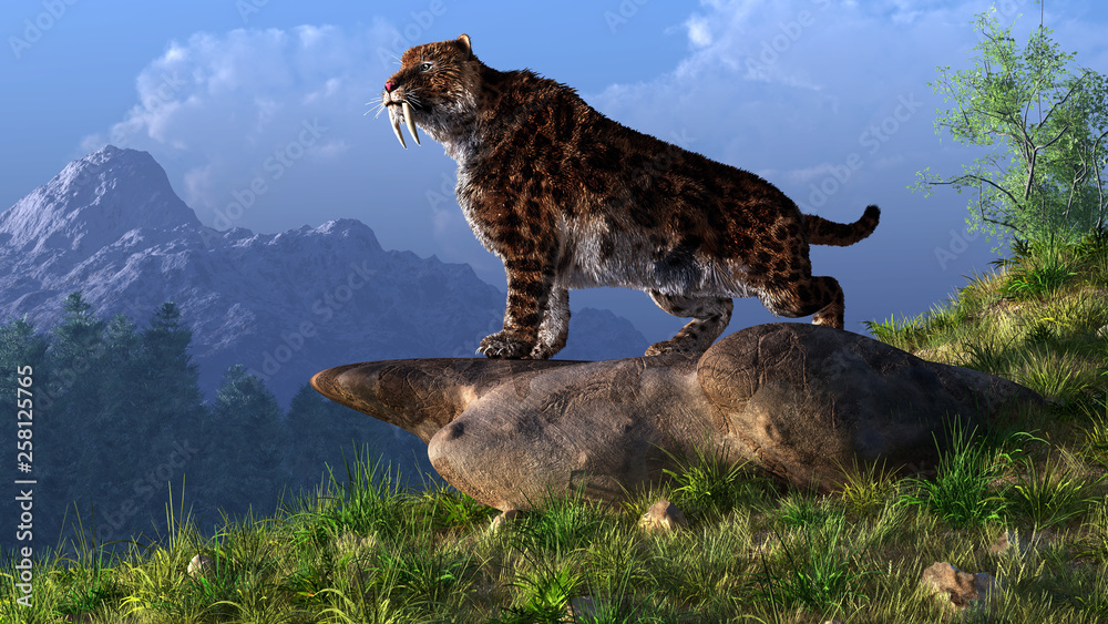 A saber-toothed cat stands atop a boulder on a grassy hill. The ...