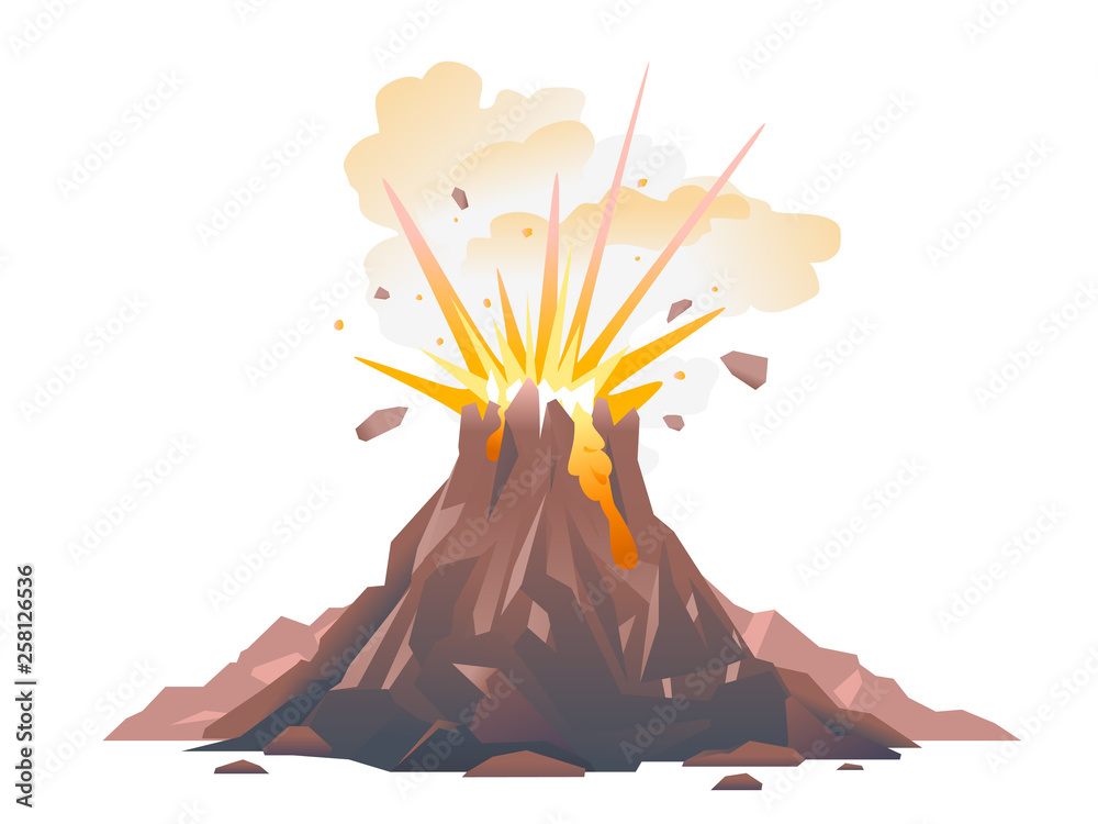 One big brown volcano with explosion and smoke, volcano eruption of ...