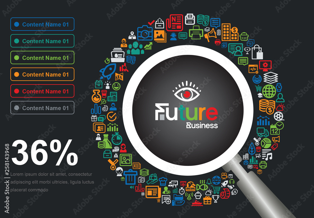 Magnifying Glass Infographic with Icons Stock Template | Adobe Stock