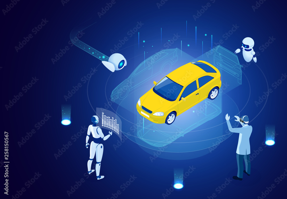 Isometric Cybernetic Robots and people works with a virtual interface in augmented reality ...