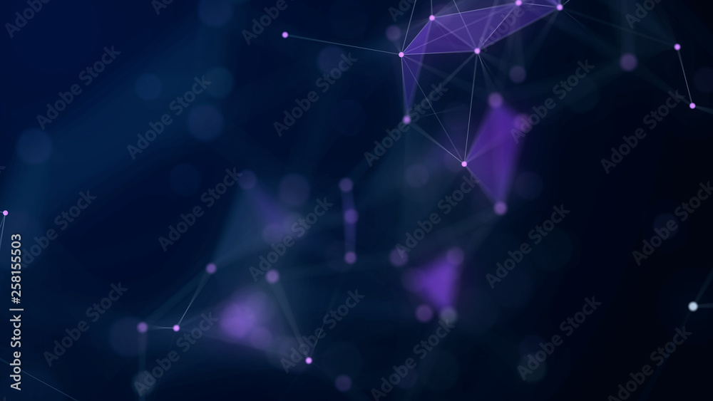 Shapes, dots and lines are connected with shine on blurred background ...