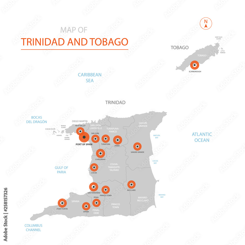 Stylized vector Trinidad and Tobago map showing big cities, capital ...