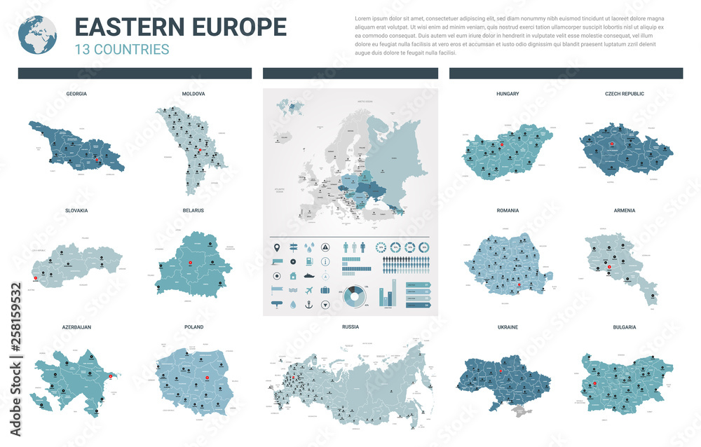 Vetor de Vector maps set. High detailed 13 maps of Eastern Europe ...