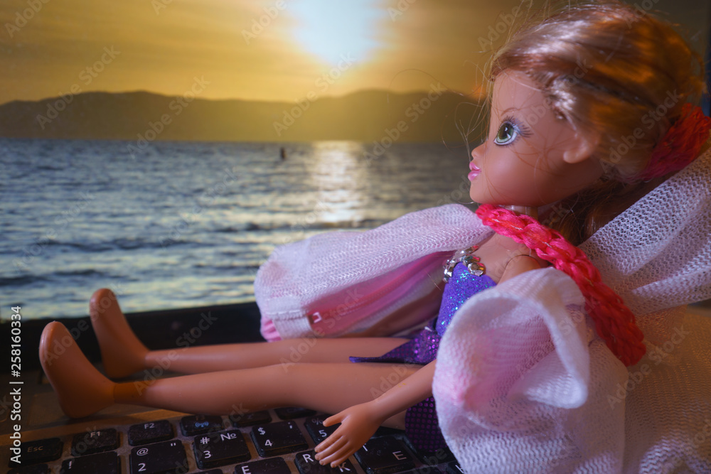 Dreaming about the sea nymph look at the photo on the laptop screen ...