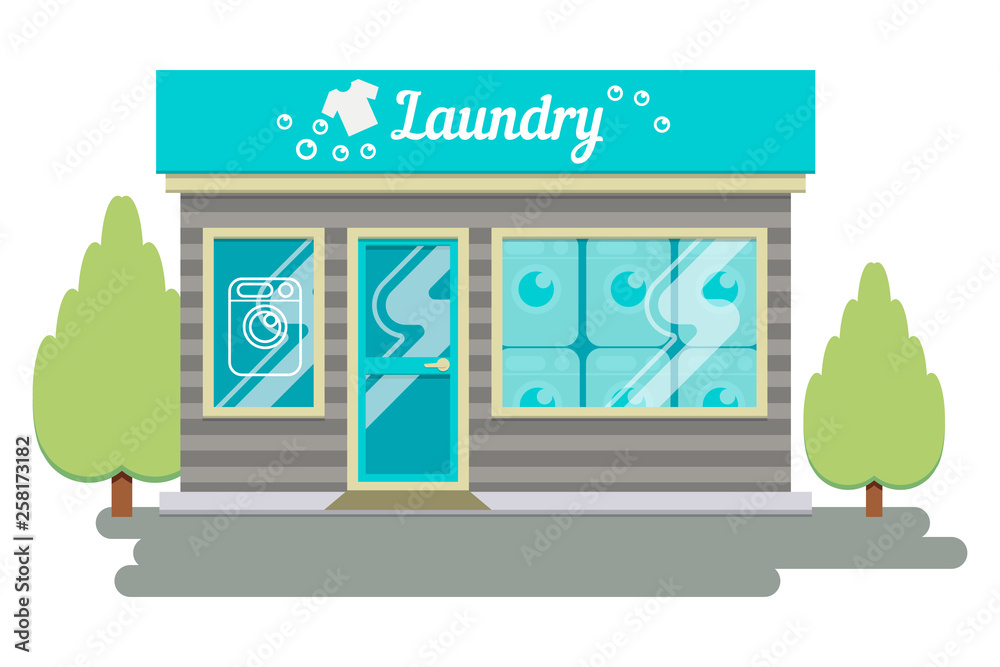 Facade laundry. Signboard with emblem, awning and symbol in windows ...
