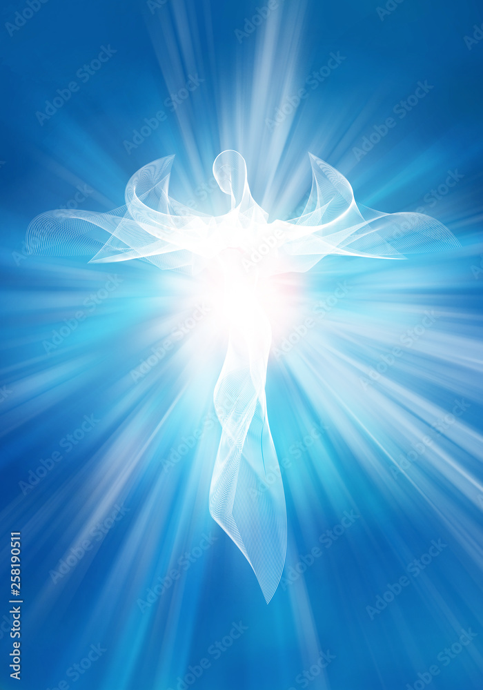 Illustration modern abstract white angel in sky with bright light rays ...