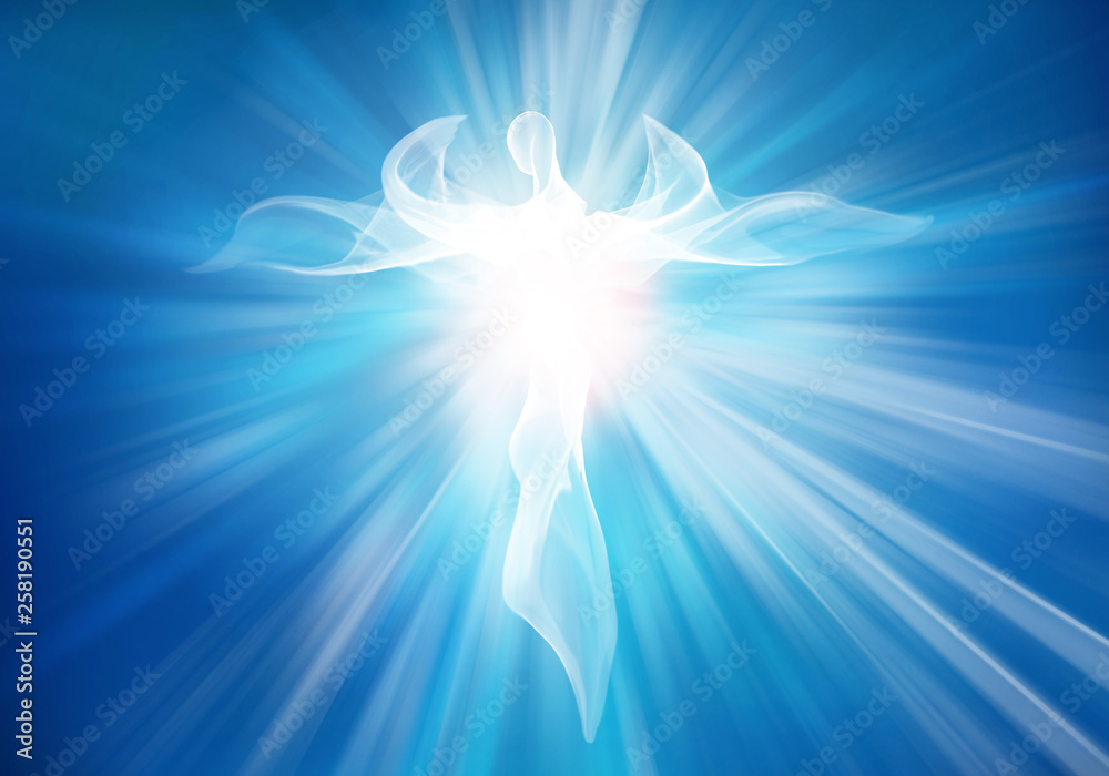 Modern abstract white angel in sky with bright light rays Stock ...