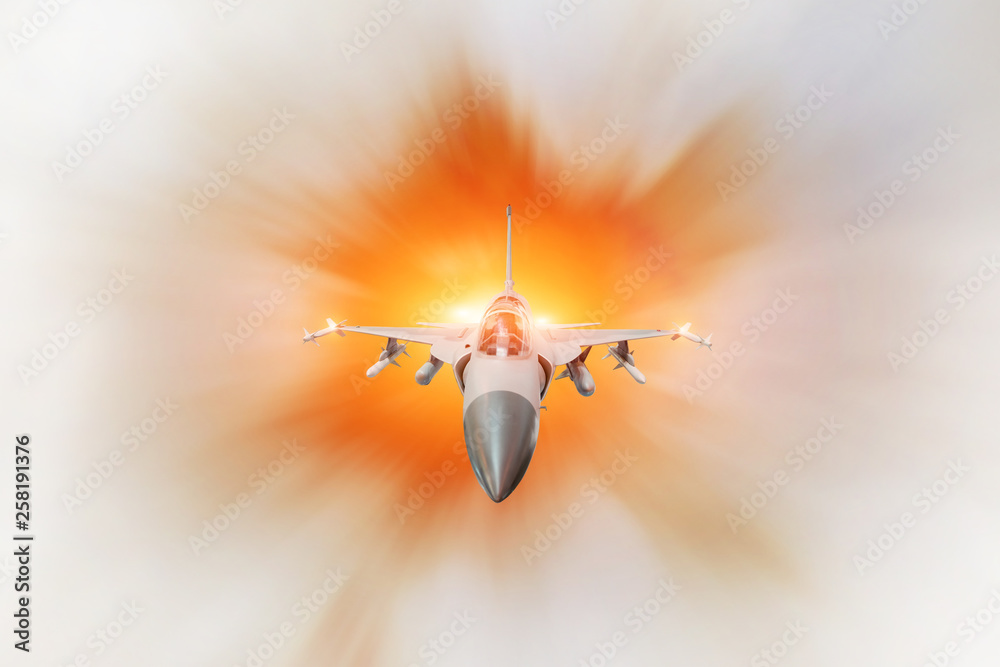 Combat fighter jet on a military mission with weapons - rockets, bombs ...