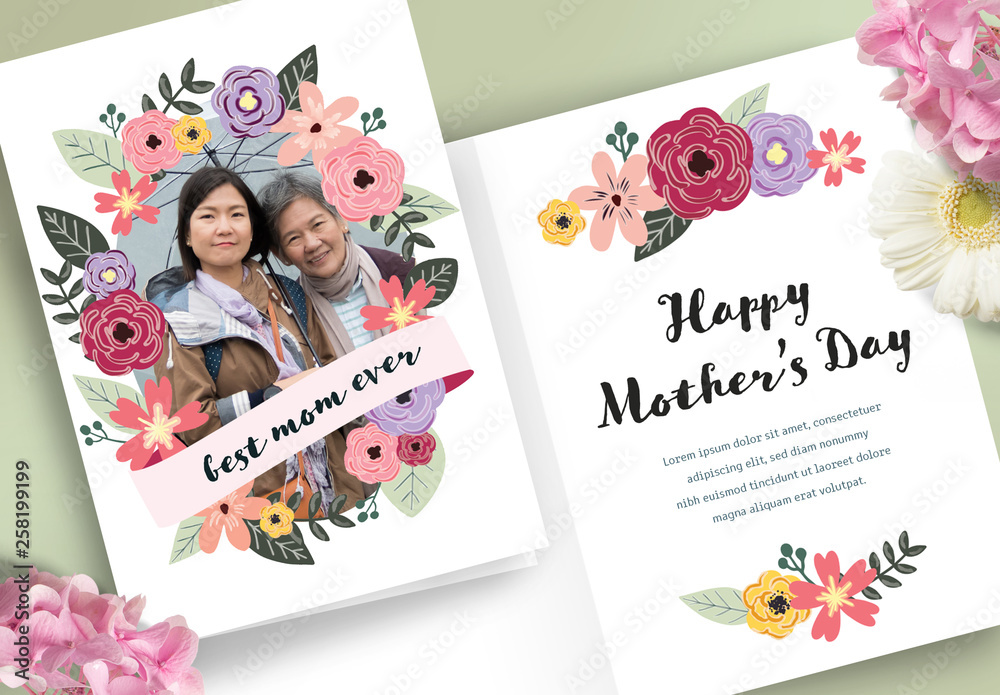 Illustrative Floral Mother's Day Card Layout Stock Template | Adobe Stock
