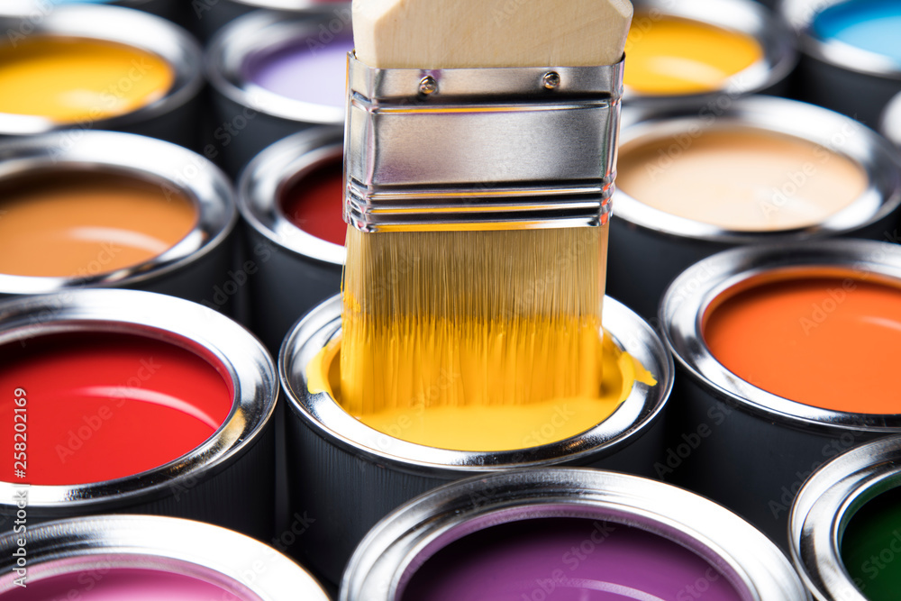 Paint brush, tin can and color guide samples Stock Photo | Adobe Stock