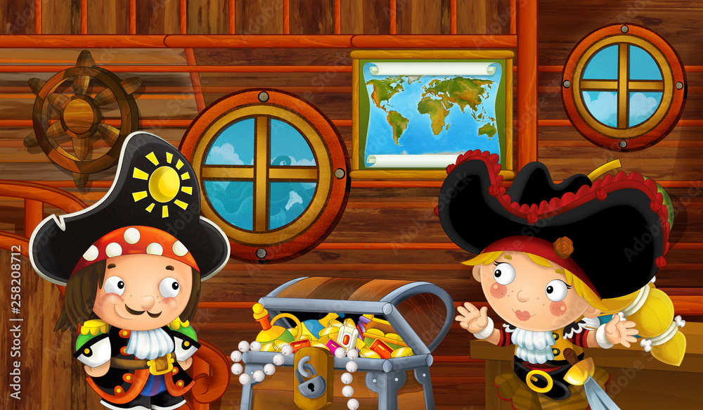 cartoon scene with pirate ship cabin interior with treasure and loving ...