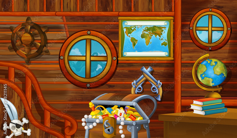 cartoon scene with pirate ship cabin interior with treasure sailing ...